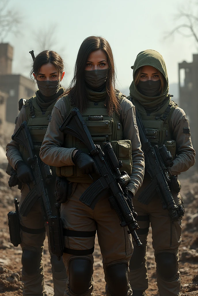 Create a realistic image of 3 armed female soldiers with their faces ...