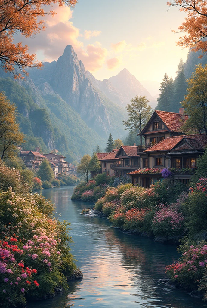 Small village by the river, mountains behind, colorful flowers - SeaArt AI