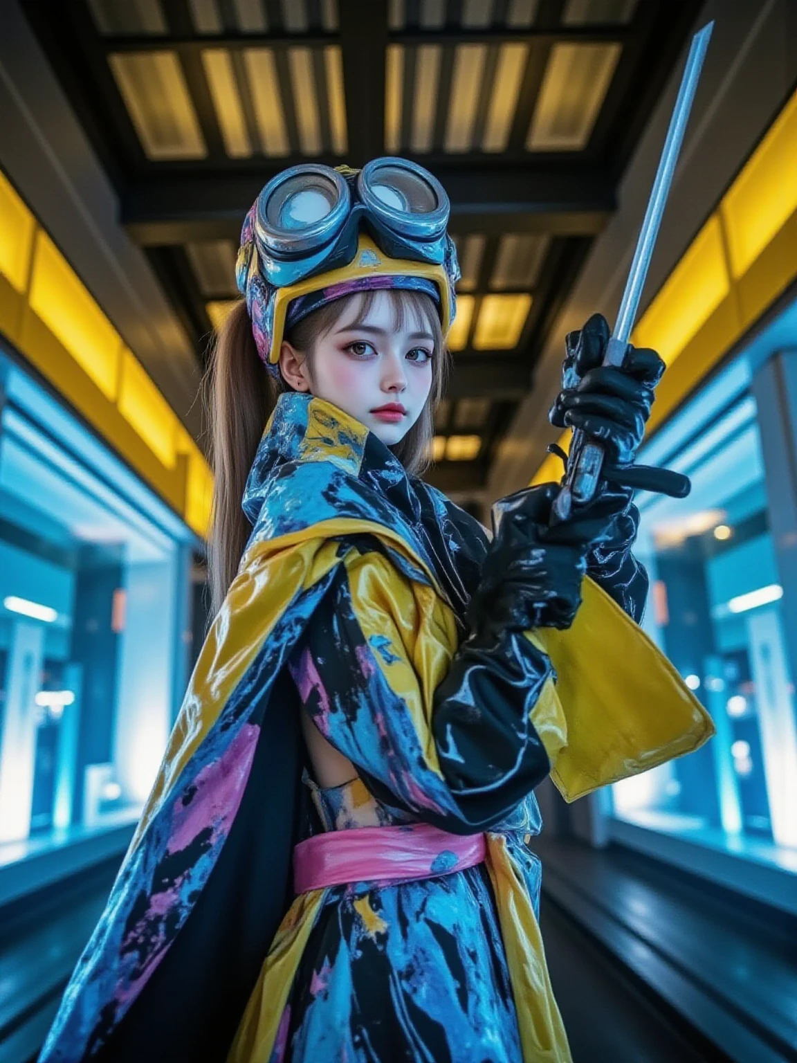 A young woman in a futuristic Minion mascot suit, holding a kendo ...