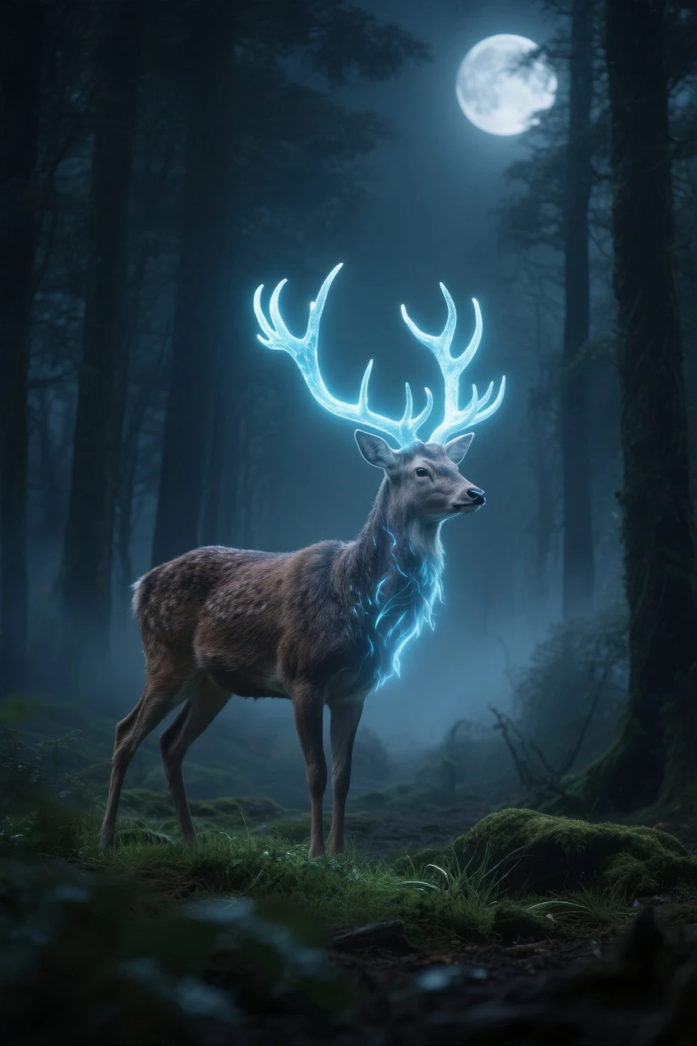 A photorealistic cinematic scene of a deer with a mystical ...