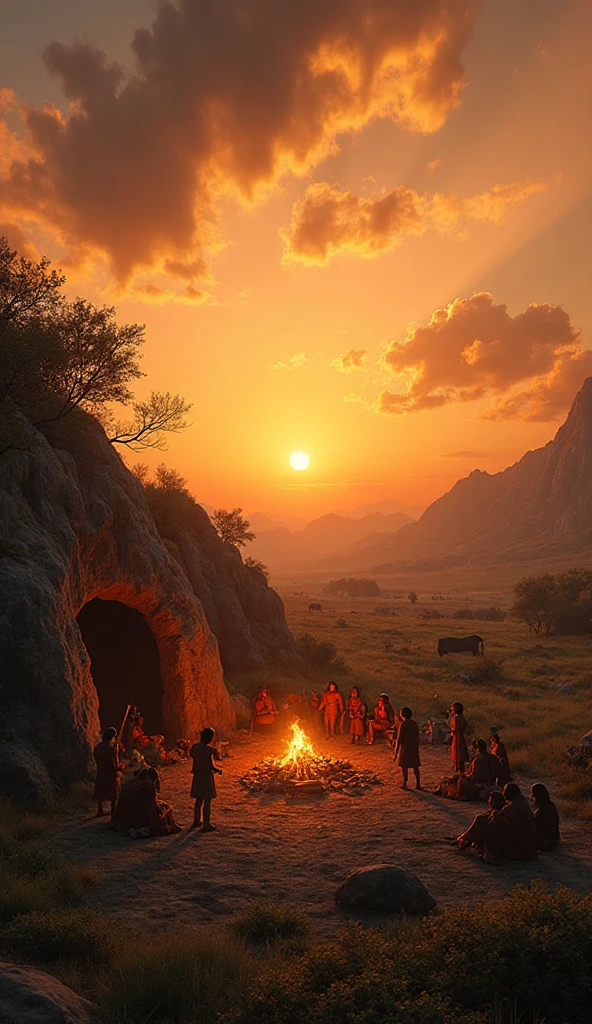 A peaceful prehistoric village scene at sunset, small groups of humans ...