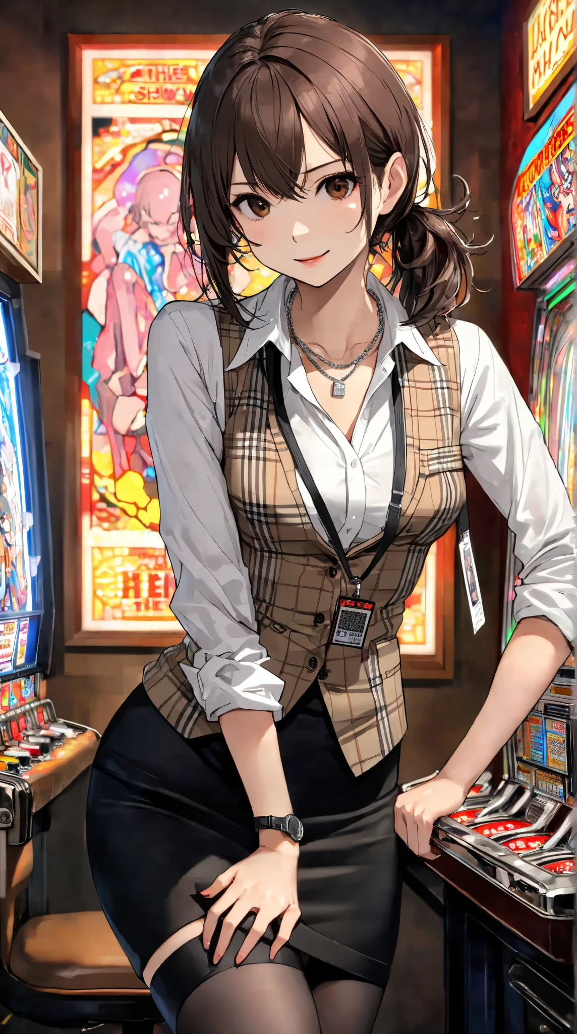 1 woman, (small breasts:1.2),medium hair,low ponytail,slightly ...