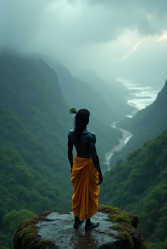An ultra-realistic cinematic wide shot of Lord Krishna standing at the ...