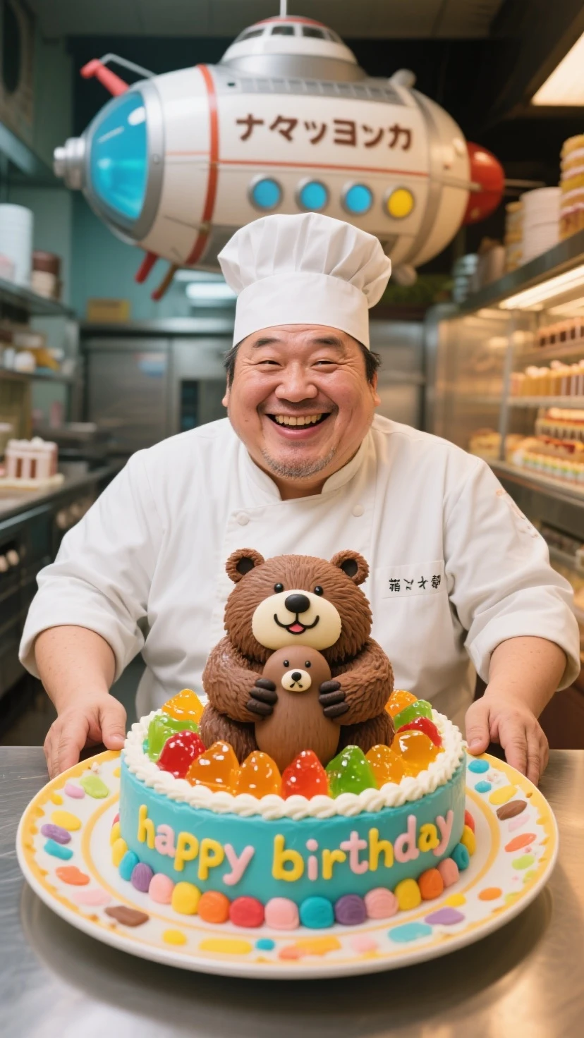 Japanese cake shop kitchen,fat ugly middle-aged man looking like a cook ...