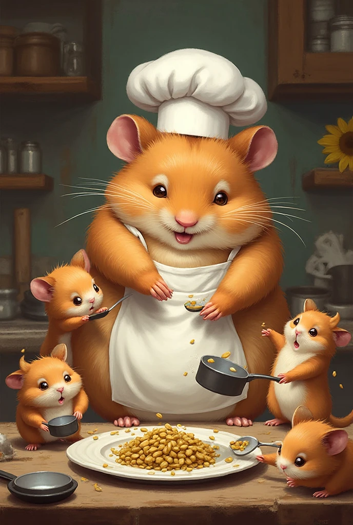 A large hamster dressed as a chef, is putting sunflower seeds on a ...