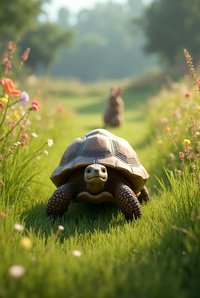 A calm tortoise, slowly making its way through the grass with a ...