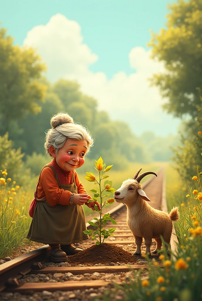 "An old cute grandma and a forgetful goat are planting a small lemon ...