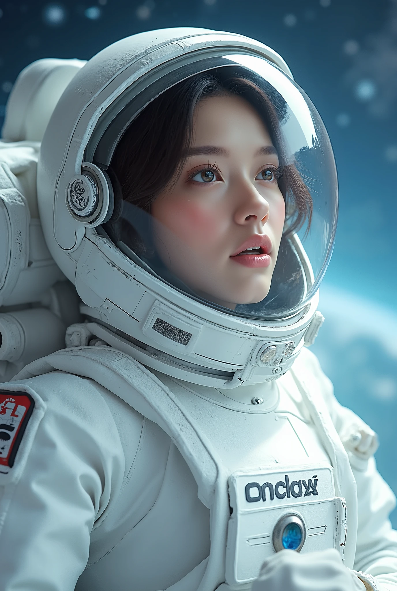A female cosmonaut taking in very beautiful space. She has a white ...