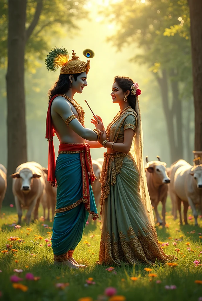 Radha and Krishna standing gracefully in a lush green park, Krishna ...