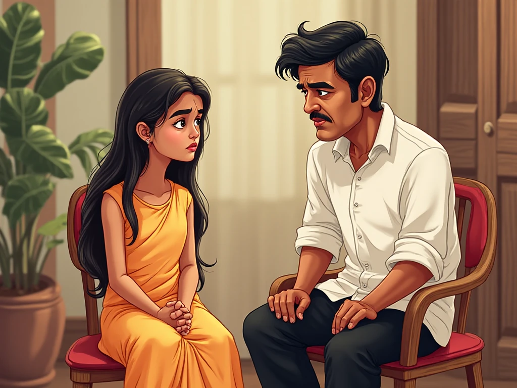 A realistic cartoon illustration of a Bengali father and daughter ...