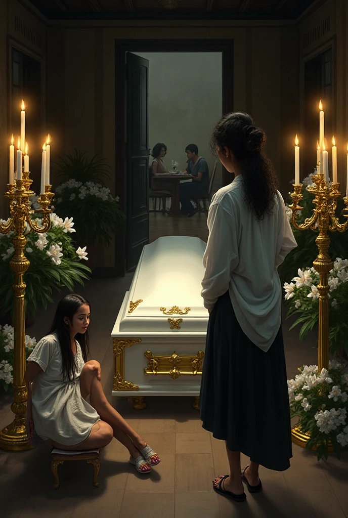 A quiet Filipino funeral scene in a traditional house. A smooth white ...