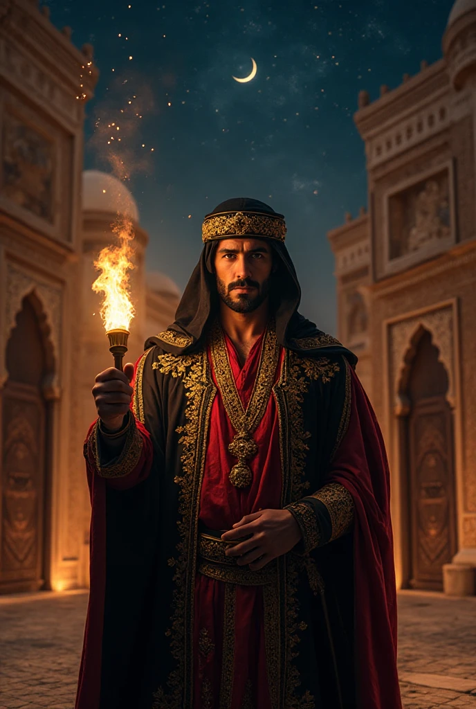 Epic Arabic ancient style cover art, a strong Arab man with masculine ...