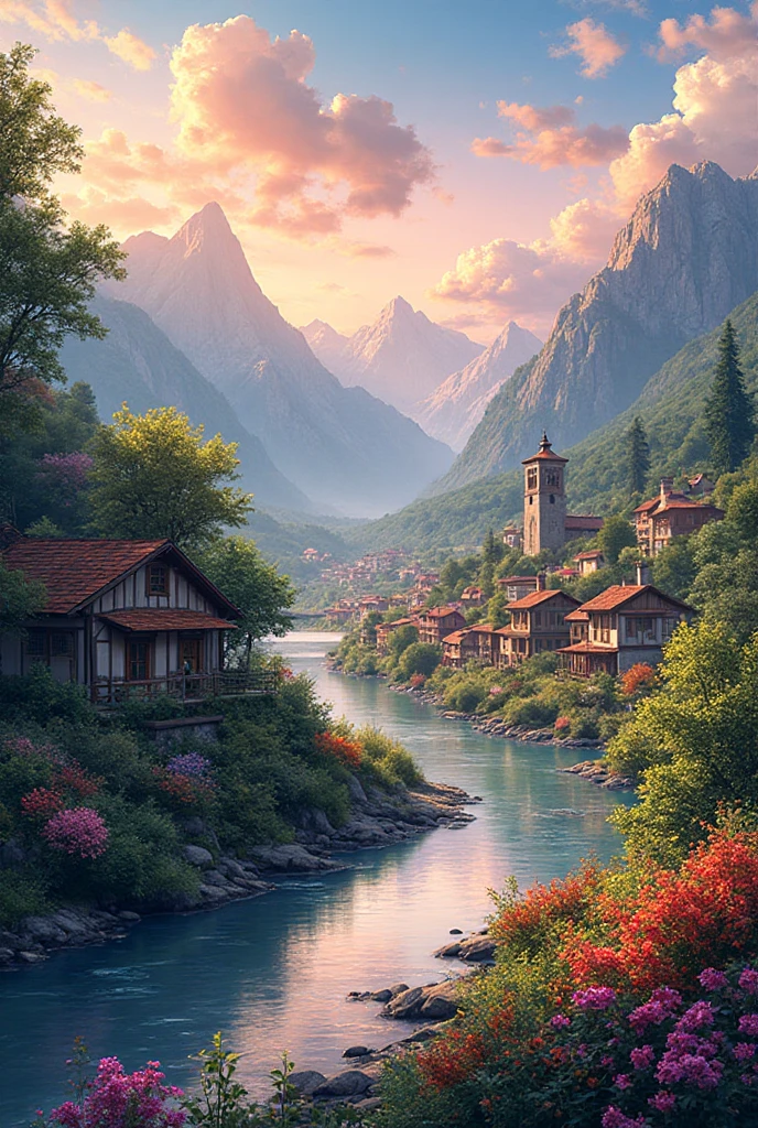 Anime style A small town by the river, mountains in the background ...