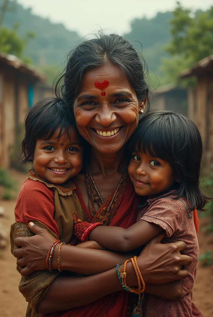 Poor Indian in poor village but happy smiling with her 2 small kids ...