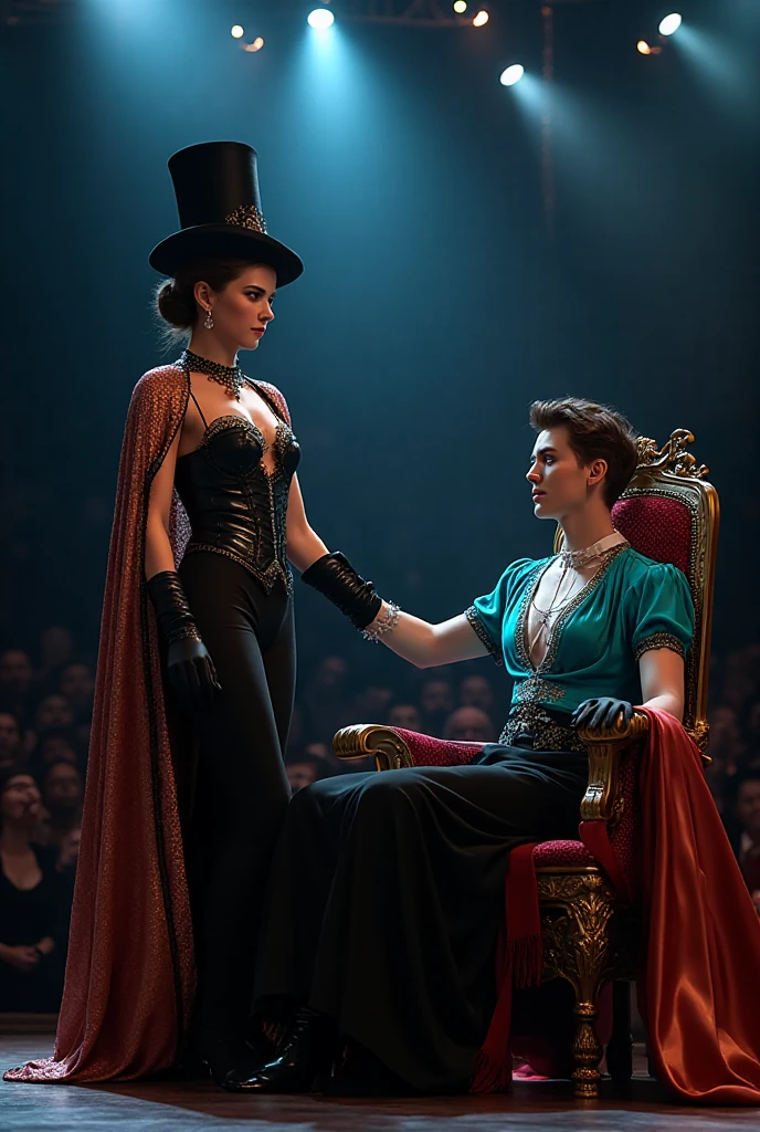 A photorealistic staged scene of an illusionist show. Bright spotlights ...