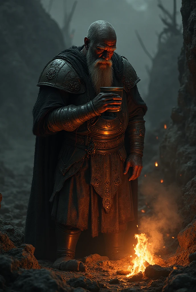Ancient warrior drinking from ceremonial cup, firelight, dark dramatic ...