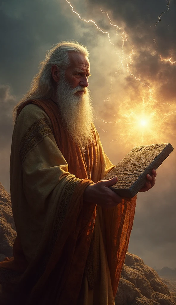 Moses, an elderly man around 80 years old, standing on Mount Sinai ...