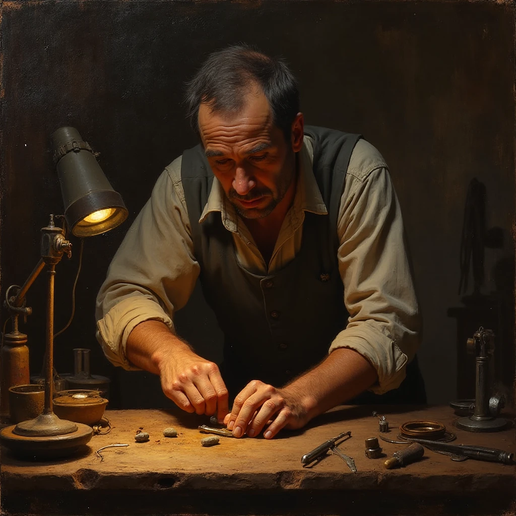 A man in a workshop, realist oil painting, warm lighting from a table ...