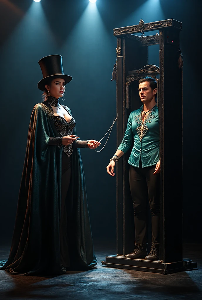 A photorealistic staged scene of an illusionist show. Bright spotlights ...