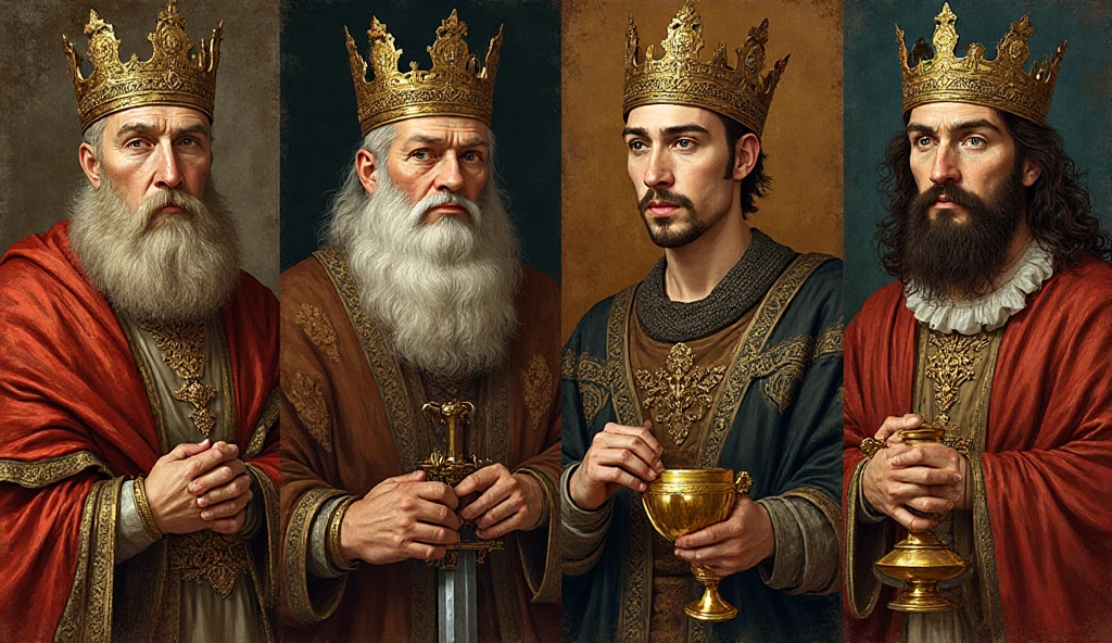 Four Frankish kings depicted in stylized medieval portrait style ...