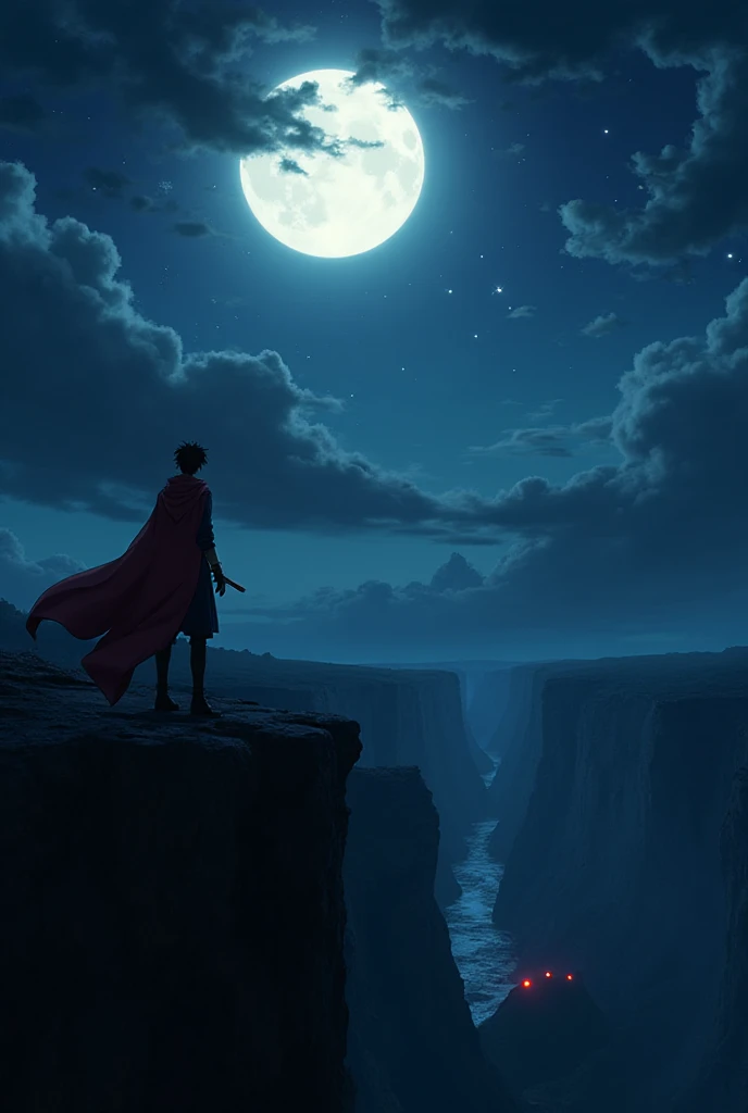 Anime style, cinematic, on top of a tall cliff under the full moon ...