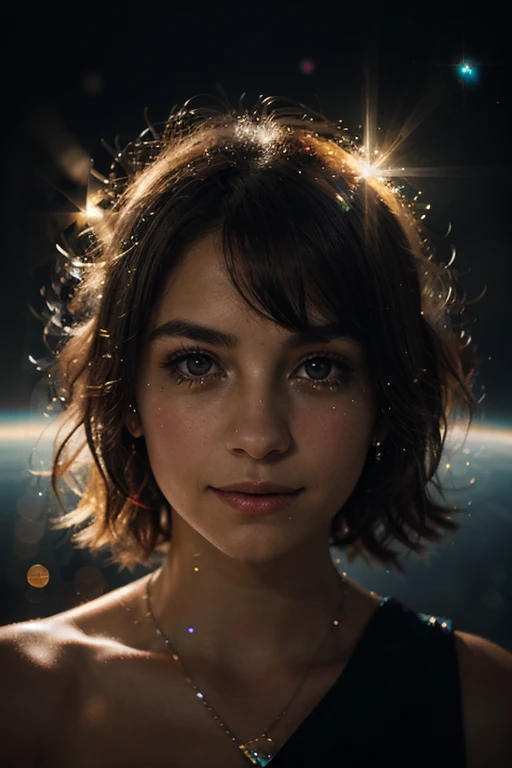 1girl, smile, iridescence, dramatic angle, space, (floating colorful sparkles - SeaArt AI