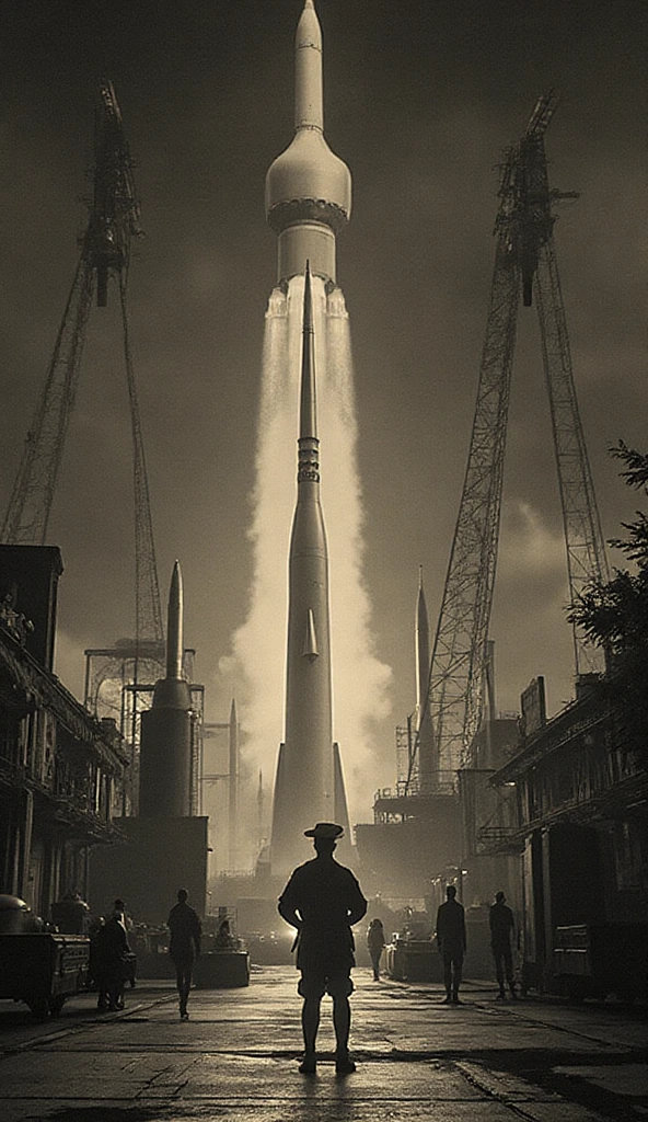 A black-and-white Cold War newsreel with rockets and nuclear symbols ...