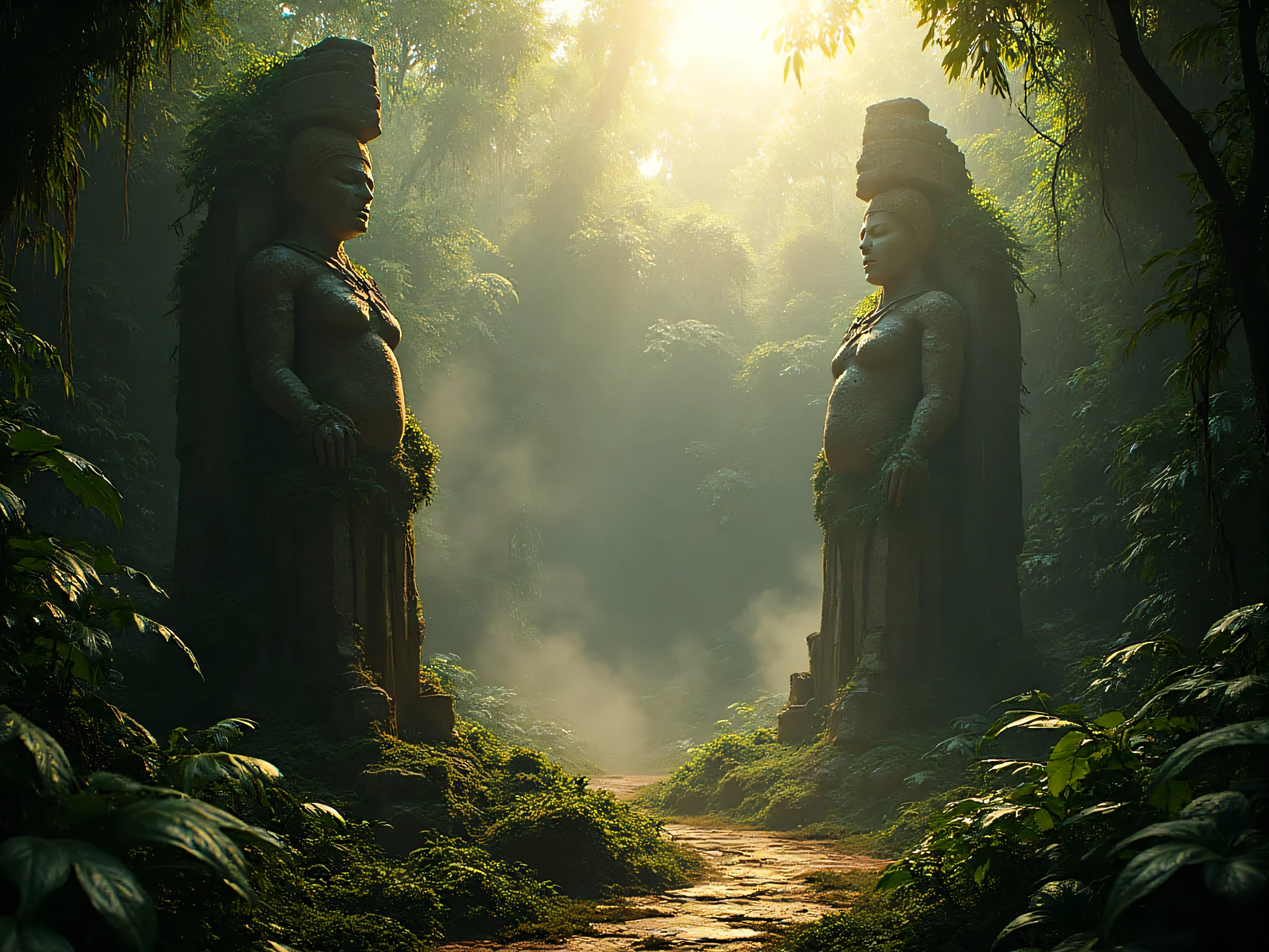 "Ancient ruins overgrown by tropical jungle, vines wrapping massive ...