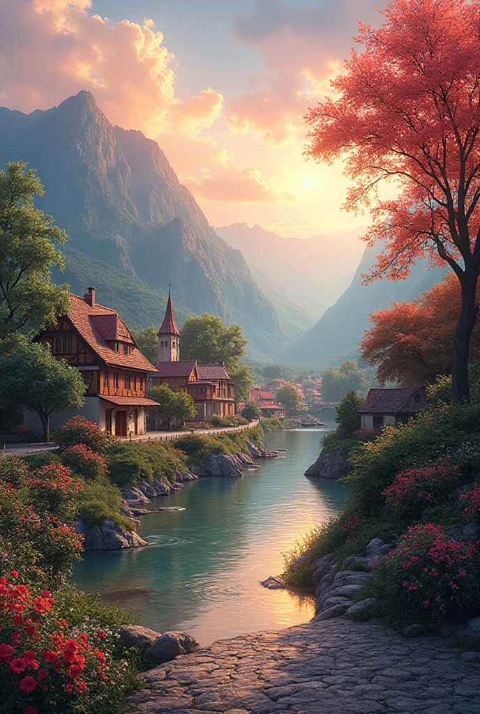 A small village by the river, mountains in the background, floral ...