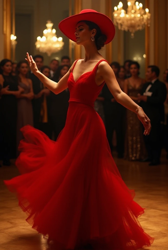 Araffe dressed wearing a red dress dancing in a ballroom, gracefully ...