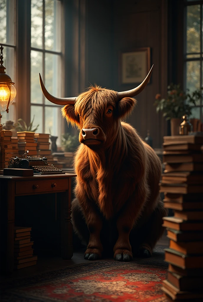 A majestic Highland cow sitting thoughtfully in a writer's study ...