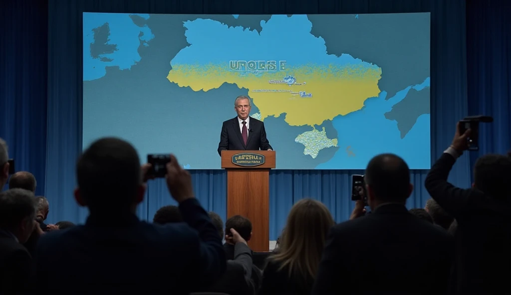 Press conference stage with a Western leader at the podium, serious ...
