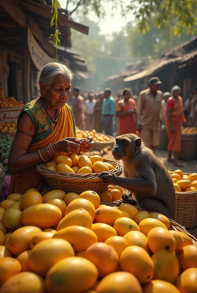 Grandmother in saree and monkey selling ripe mangoes in a busy Indian ...