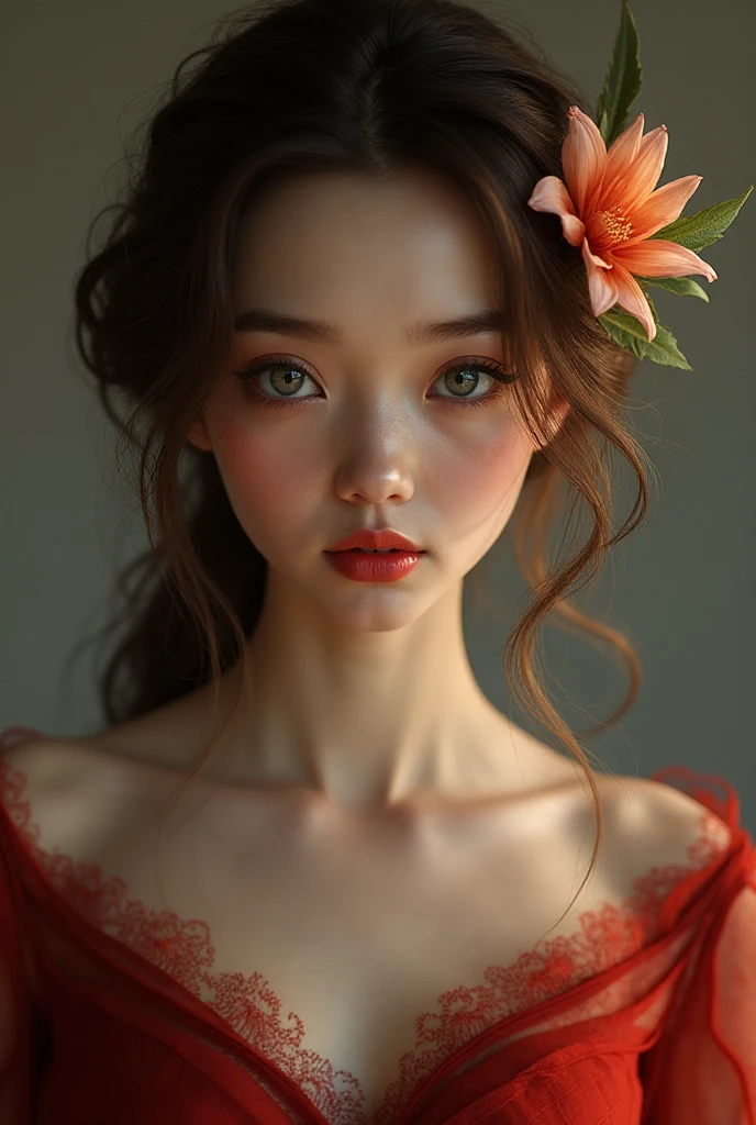 Strict fair-skinned woman with brown hair, grey eyes in a red closed ...