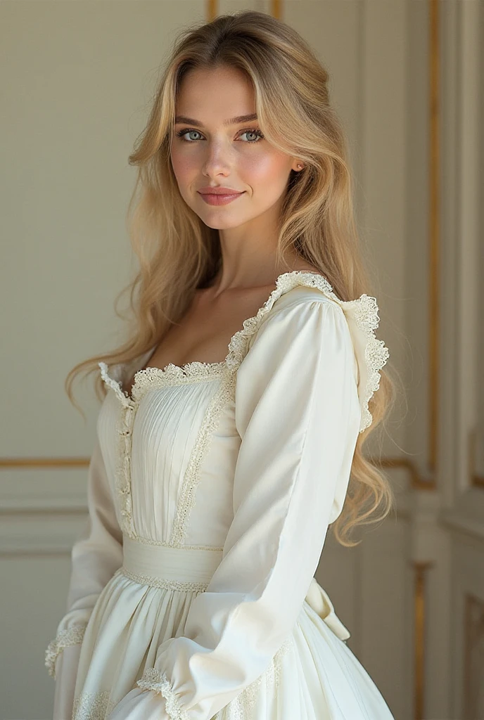 Photo of a white woman, wearing long sleeve maid outfit, gentle smile ...