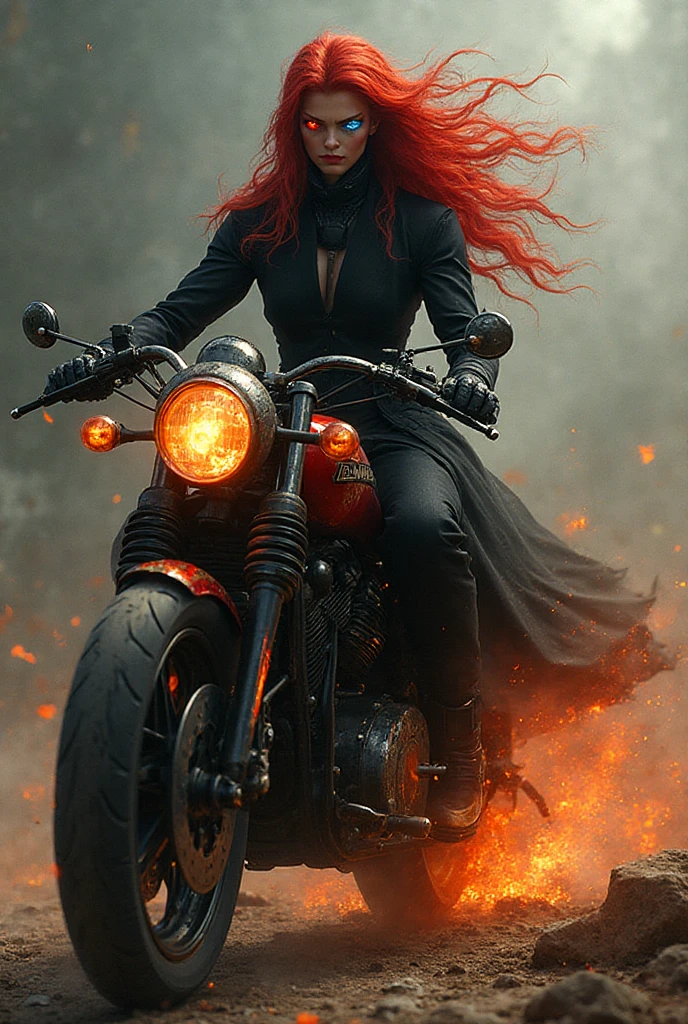I want a person on a firebike with a red eye and the other a blue eye with long - SeaArt AI