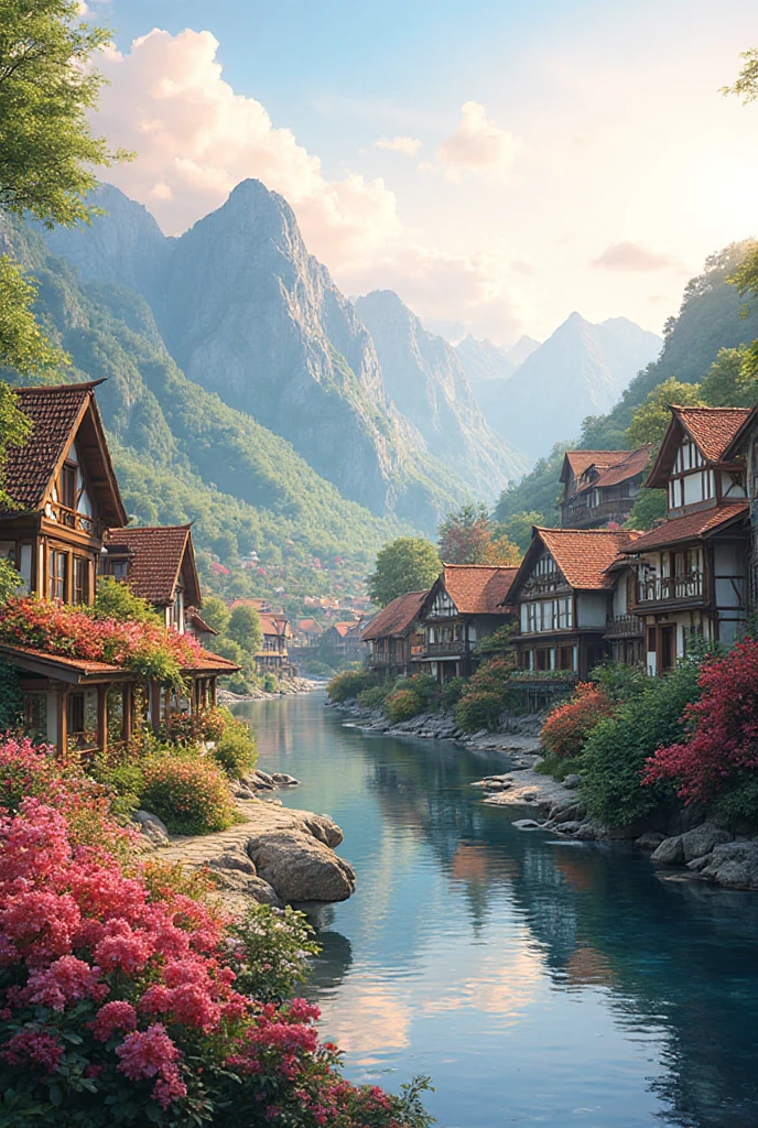 Small village by the river, mountains behind, colorful flowers - SeaArt AI