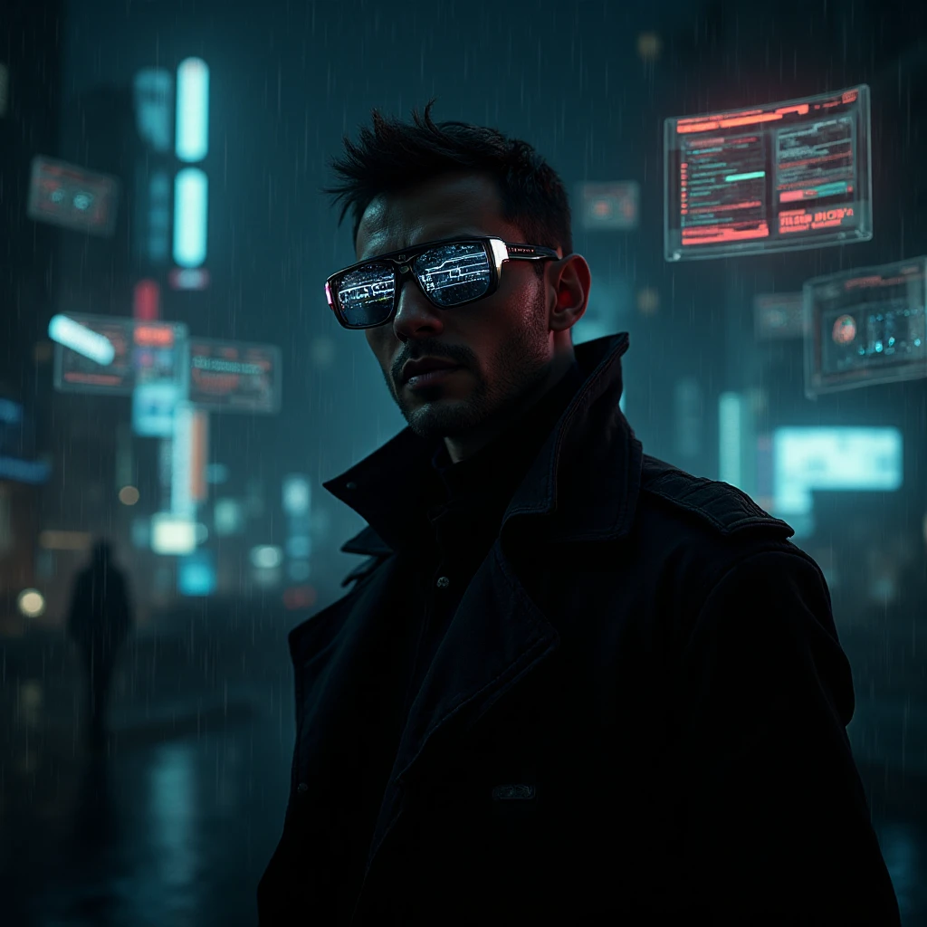 A charismatic cyberpunk detective in a dimly lit room, surrounded by ...