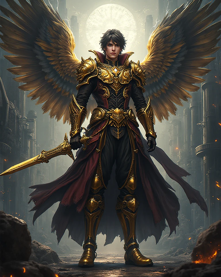 Archangel Gabriel in a steampunk outfit holding a sword anime - SeaArt AI
