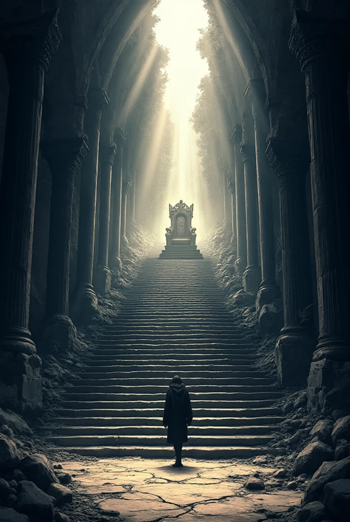 A fantasy illustration of a ruined throne hall in a fallen kingdom ...