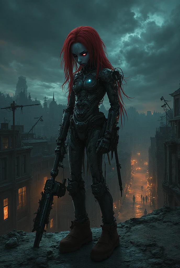 A red-haired cyborg Jiaite, with pale skin, half-metal face, glowing ...