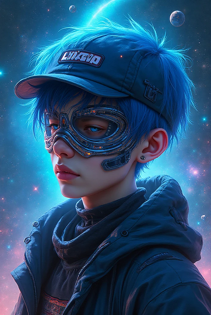 Make a 20-year-old boy with blue hair mask and cap with space ...