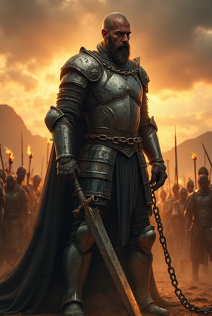 Epic portrait of an imposing knight chained, majestic silver armor with ...