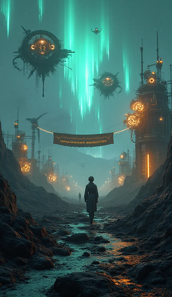 A hyper-realistic 3D steampunk futuristic scene of Iceland, a land with ...