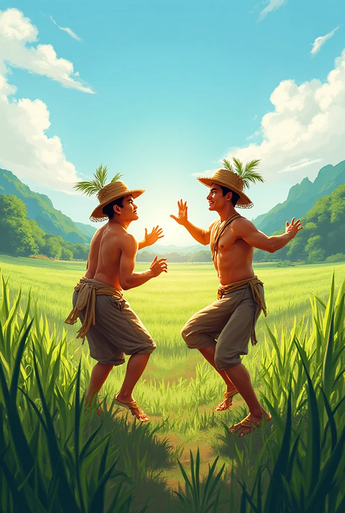 Create an image of two Filipino male farmers dancing together and ...