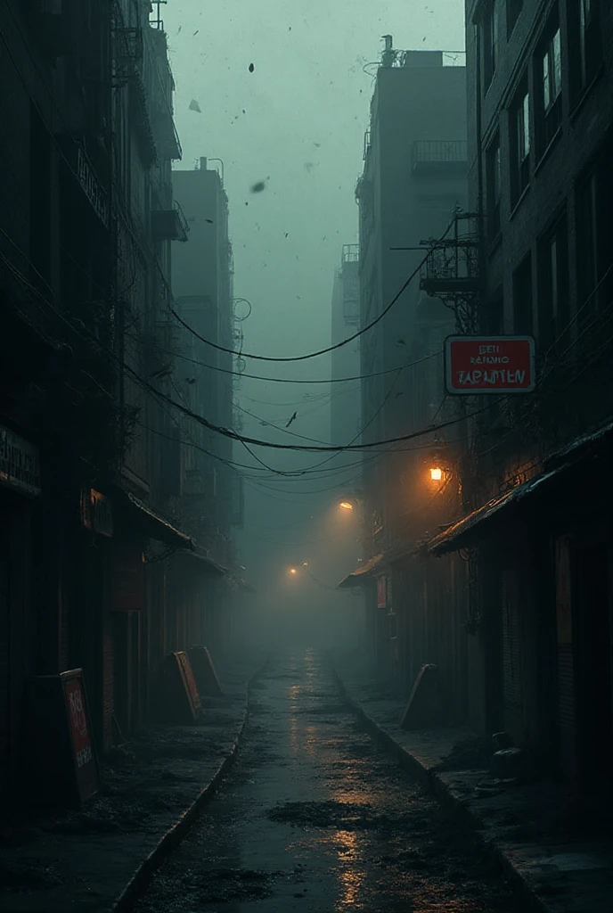 Very dark setting. danger signs scattered across the streets - SeaArt AI