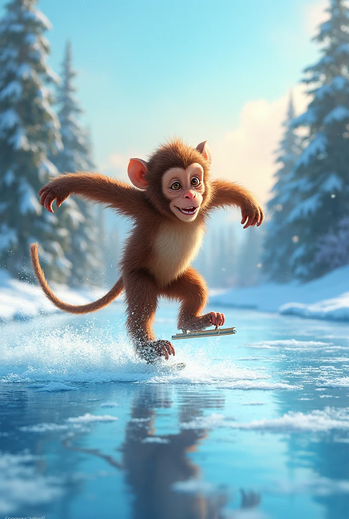 Monkey skating on ice on a frozen lake, doing radical pirouettes ...