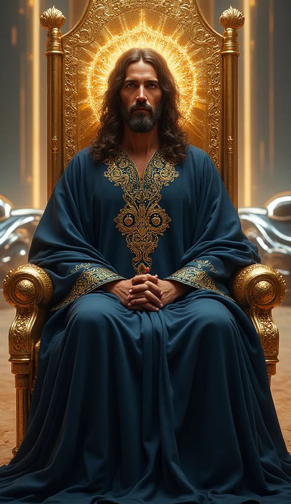 Closed portrait of Jesus seated on a shimmering gold throne, navy blue ...