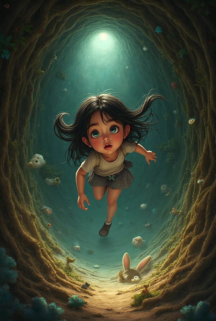 Draw a girl falling as if in a dirt hole inside a burrow something like ...