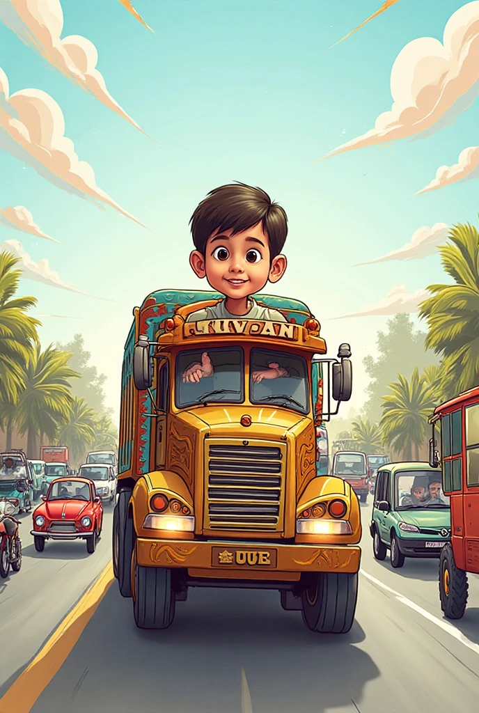 A cartoon-style illustration of a Pakistani boy driving a colorful ...